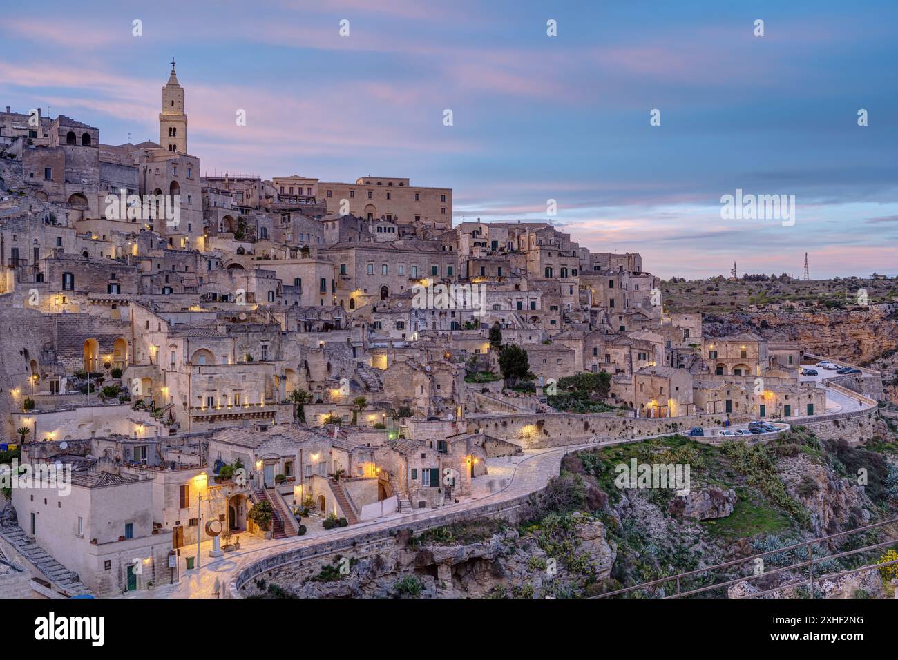The old town of Matera in Italy, a Unesco World Heritage Site, at dusk ...