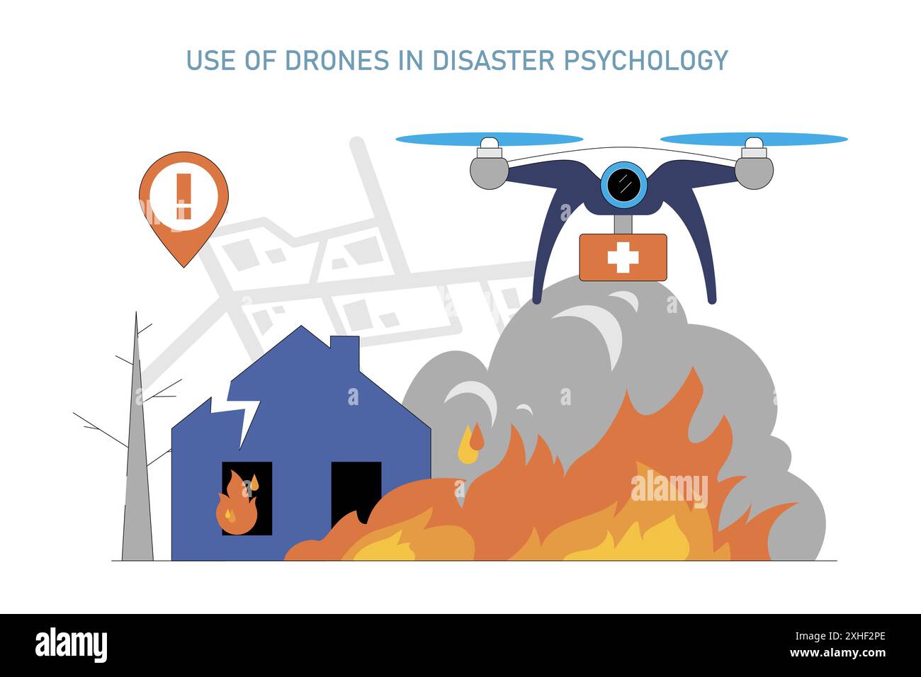Disaster Psychology concept. A drone flies over a house engulfed in ...