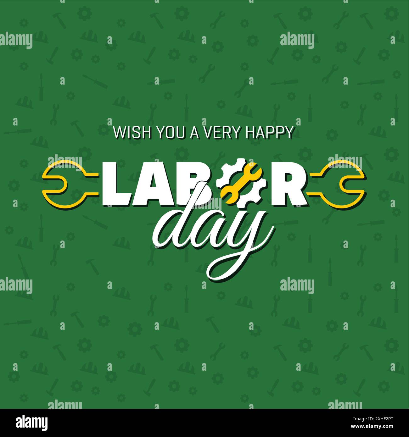 Happy Labor Day Greeting on Green Background – Wrenches, Gear, and Bee ...