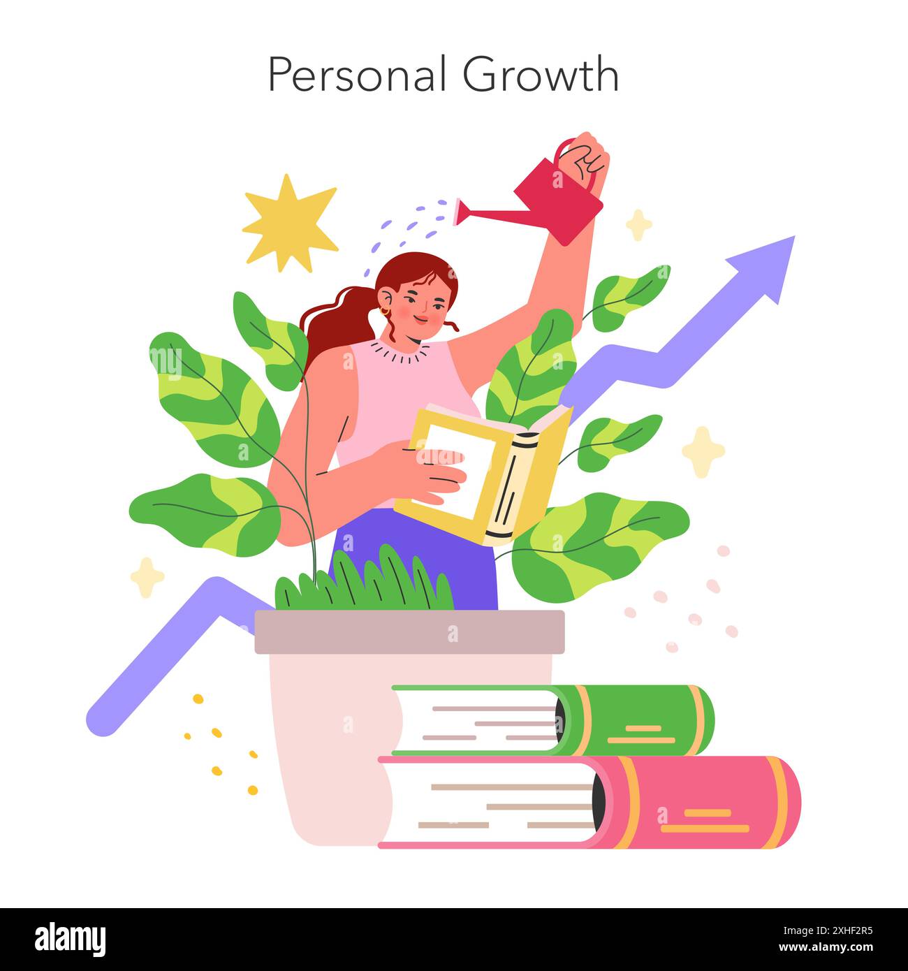 Personal Development concept. A woman nurtures her growth with books ...