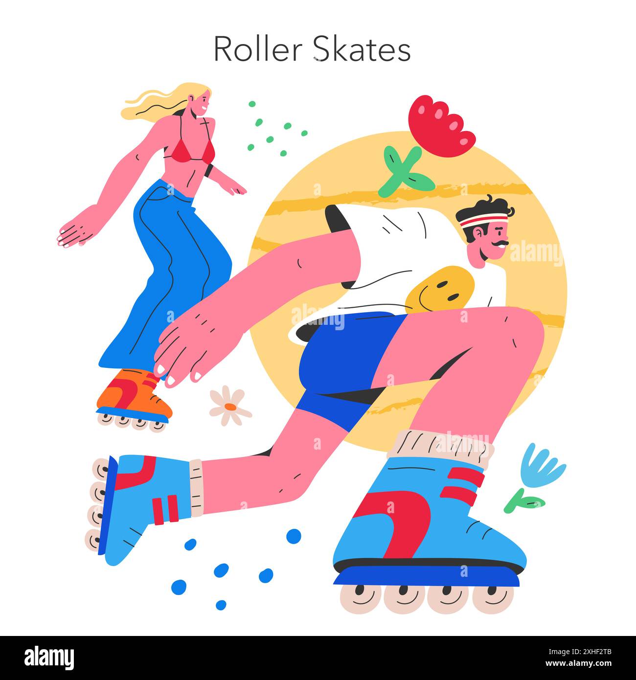Summer rollerblading activity concept. Dynamic illustration of people ...