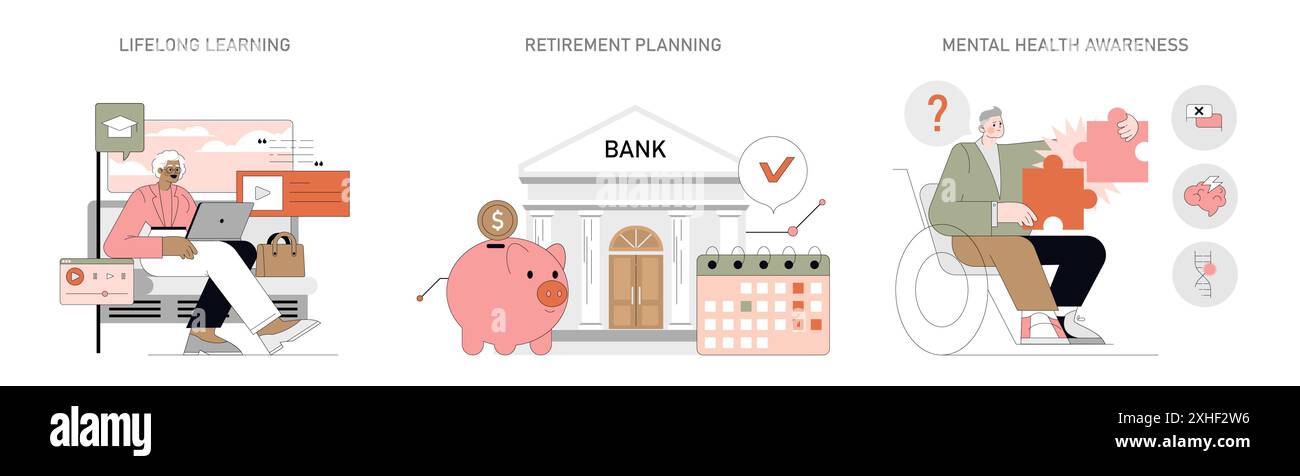Positive aging set. Lifelong learning, retirement planning, mental ...