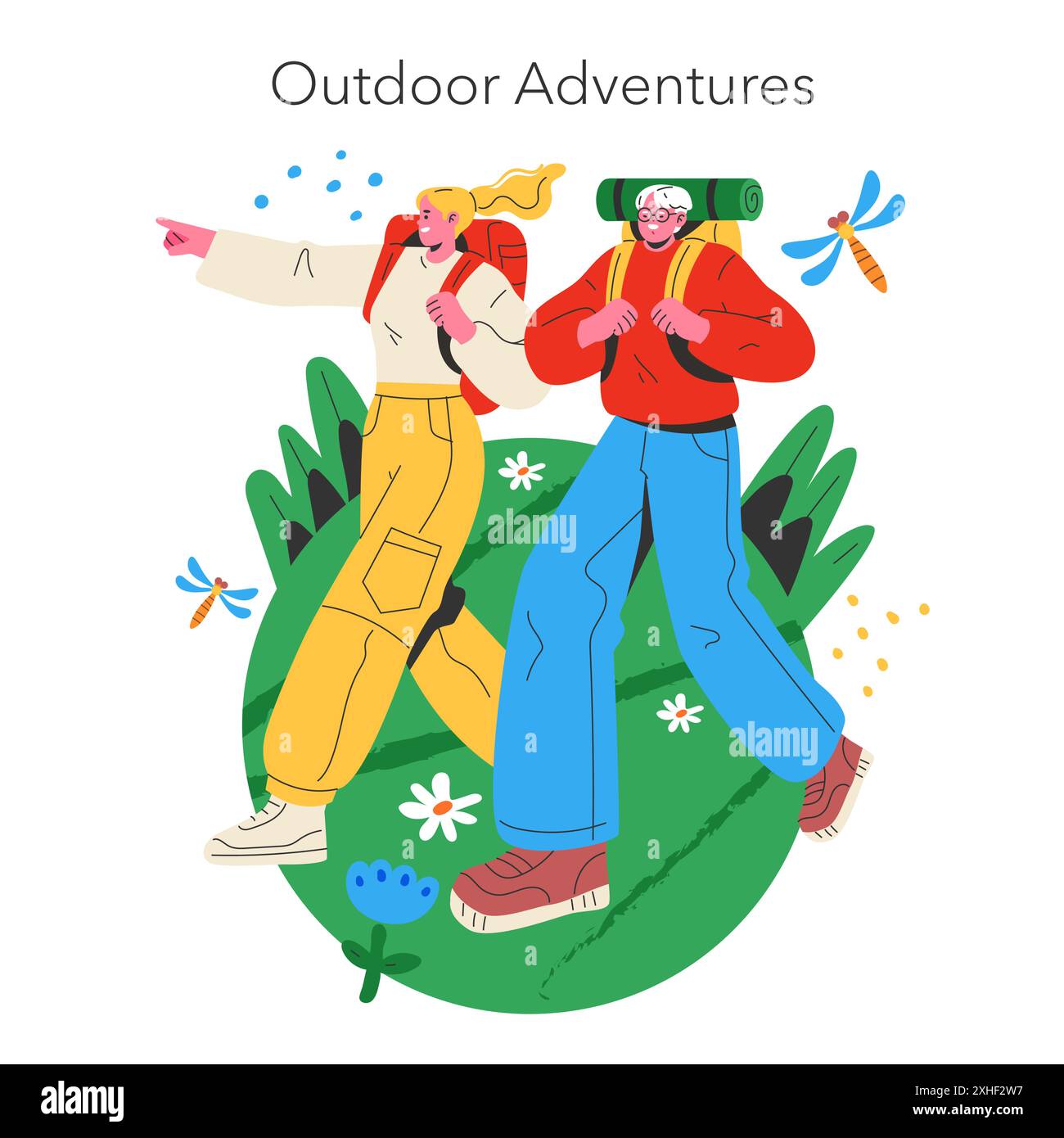 Outdoor Adventure concept. Friends embarking on a hike, pointing and ...
