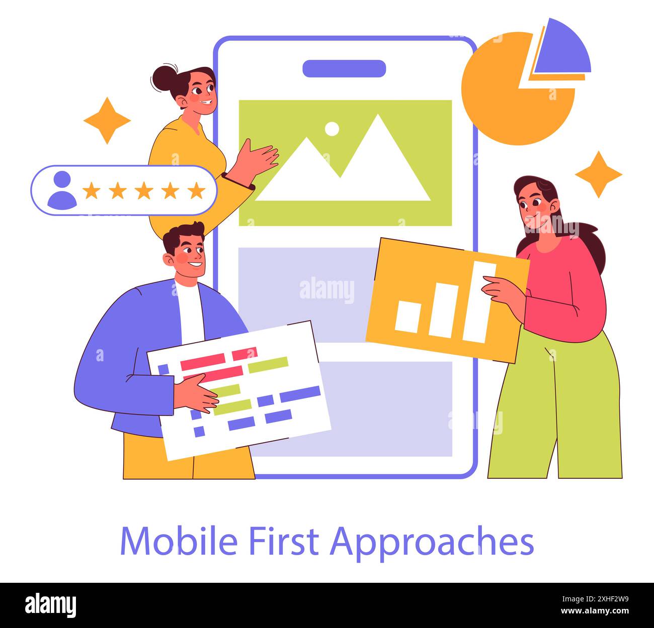 Digital Strategy concept. Team collaborates on a mobile-first approach ...