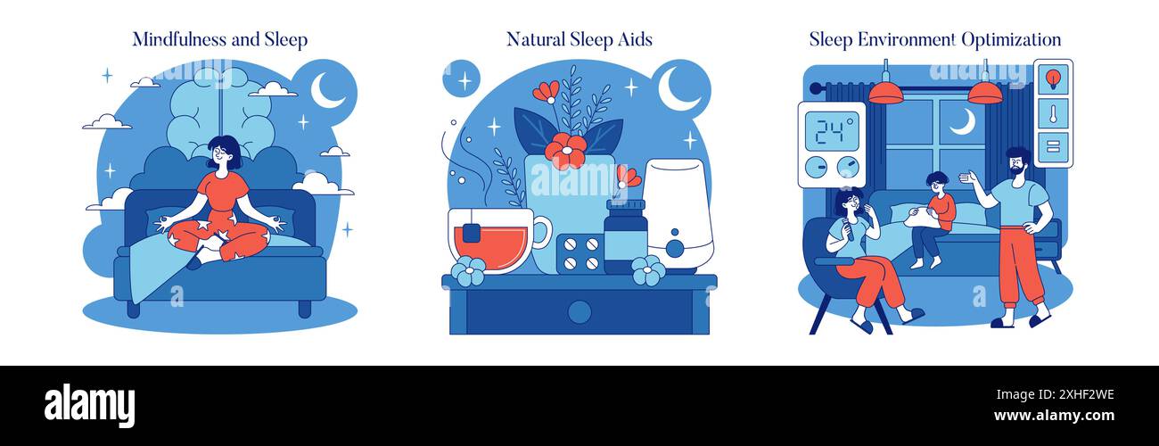 Nighttime Wellness set. Illustration of mindful relaxation, natural ...