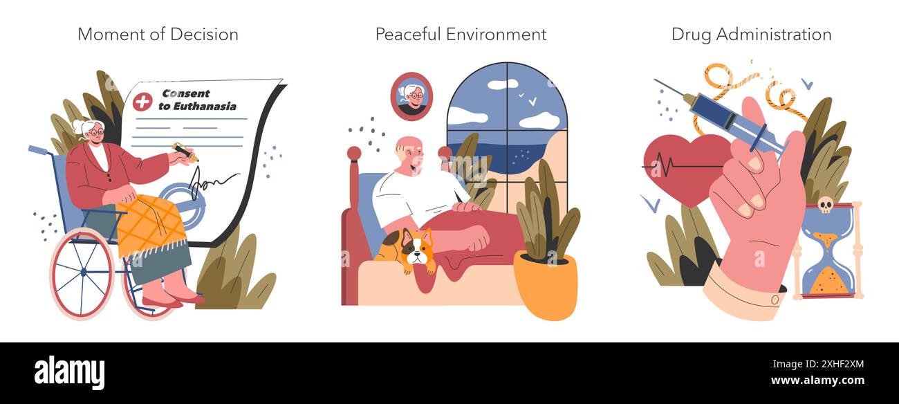 Euthanasia concept set. Signifying the decision-making, serene setting ...