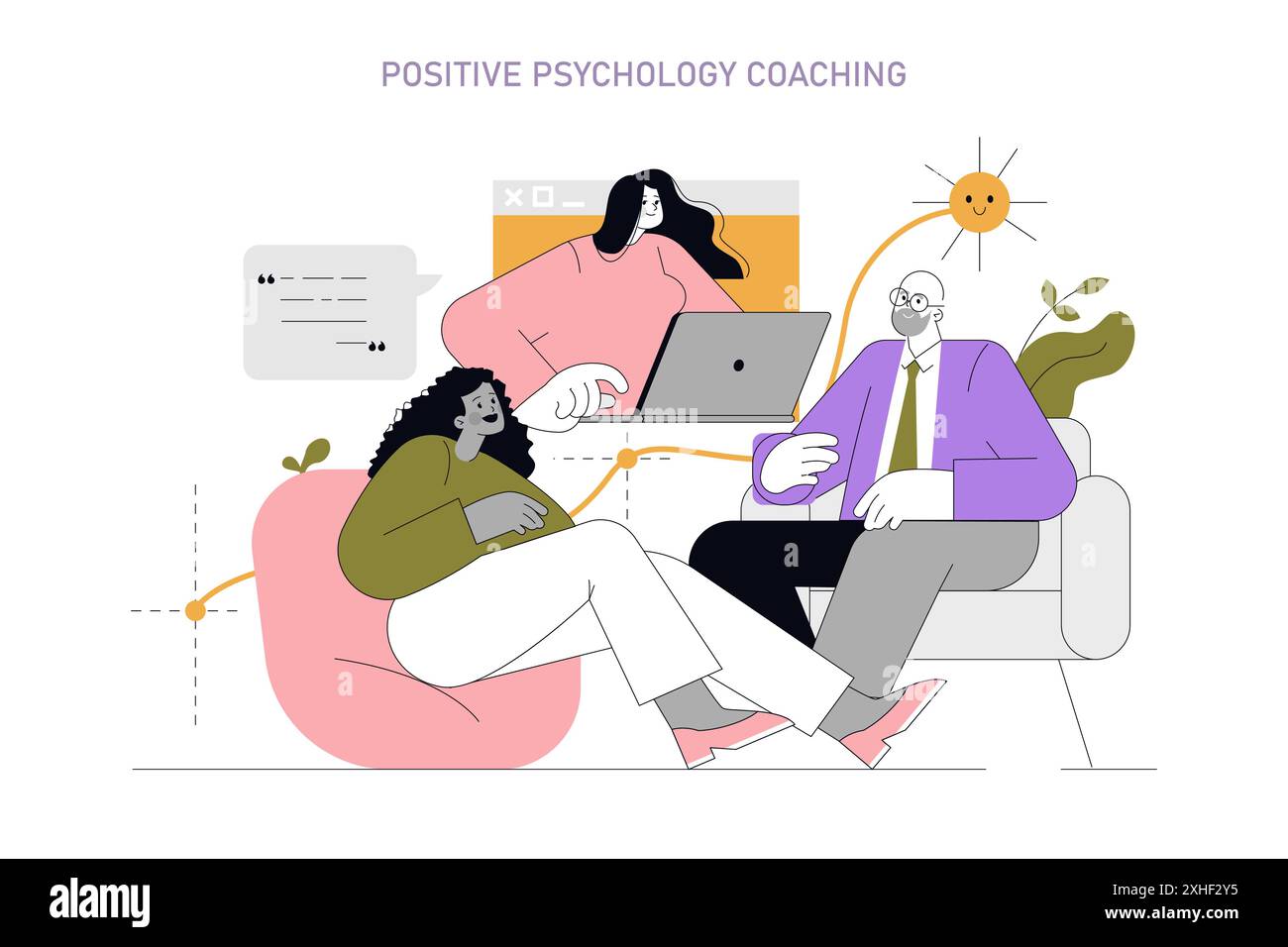Positive psychology coaching concept. A relaxed client communicates ...