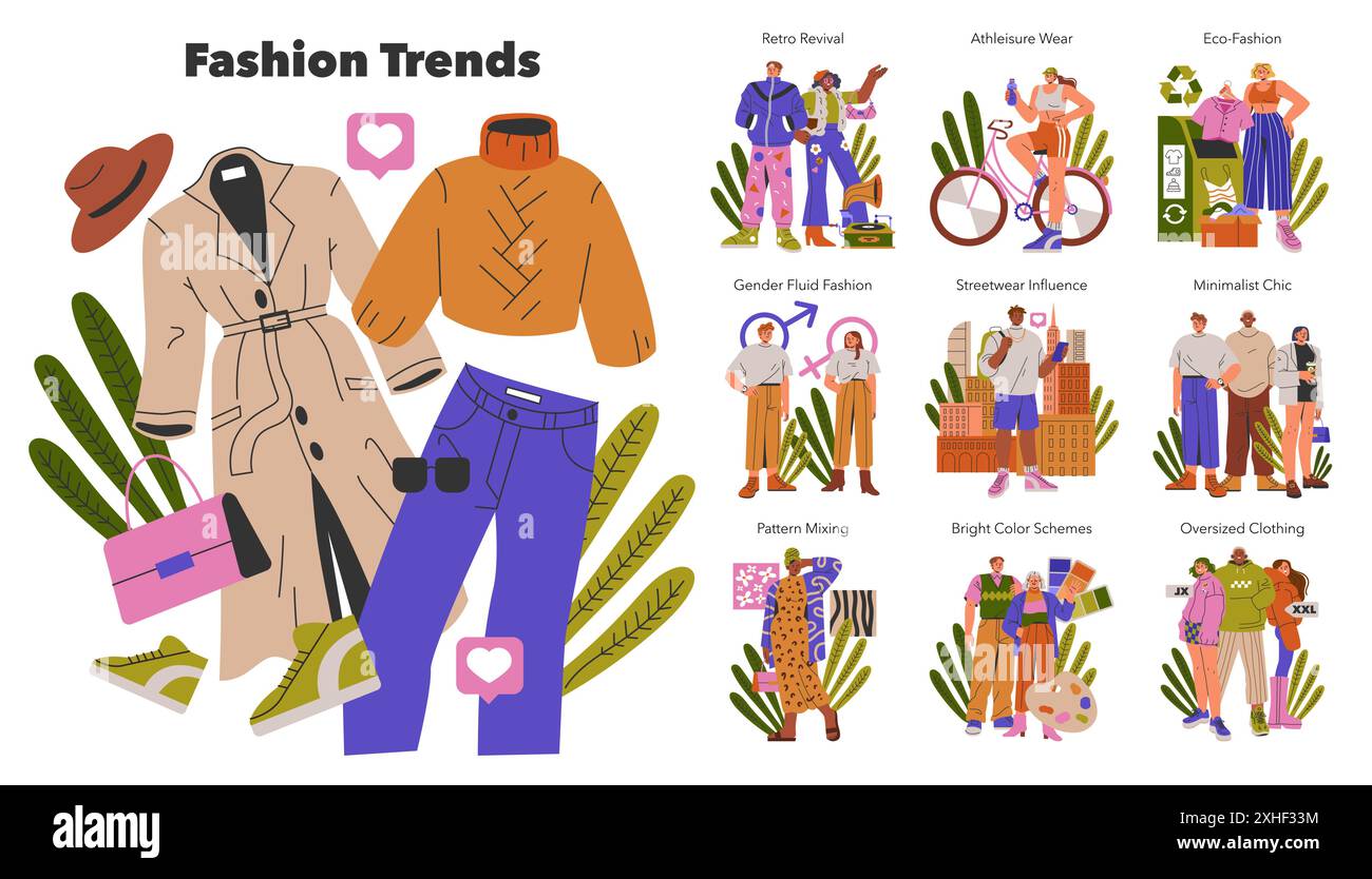 Fashion Trends concept. Illustration of contemporary clothing styles ...