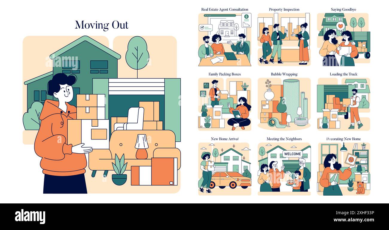 Moving Out set. Illustrations depicting stages from consultation to ...
