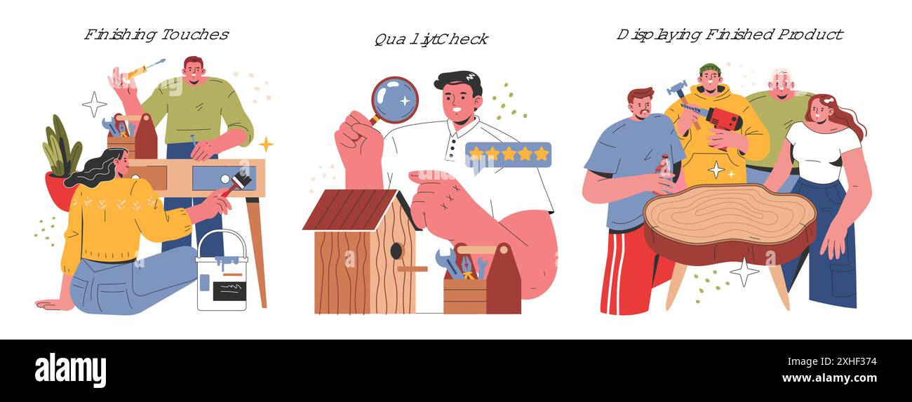 Woodworking DIY set. Crafting process from finishing touches to quality ...