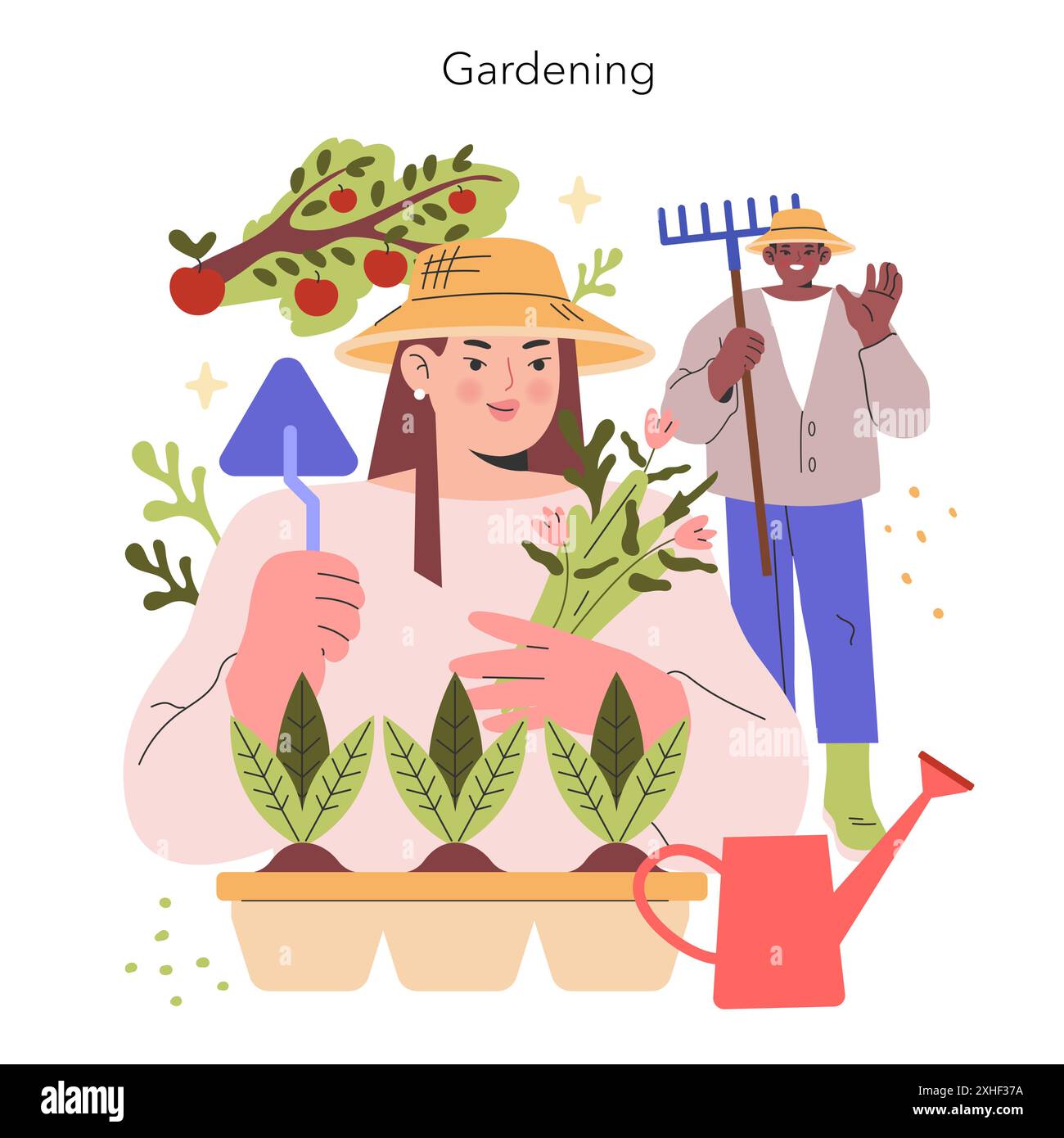 Gardening concept. Cheerful individuals engaging in planting, surrounded by lush flora. Home ...