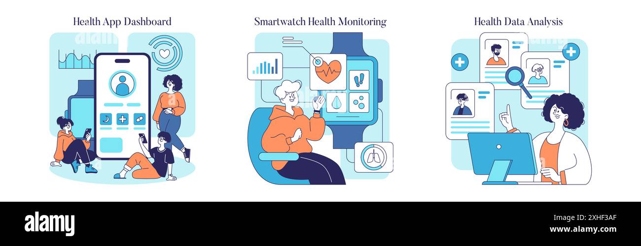 Health Monitoring Devices set. Interactive technology aiding personal health management. Dynamic ...