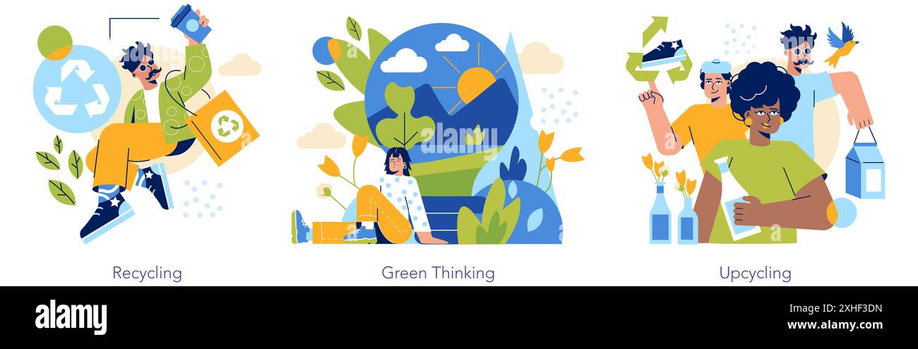 Circular Economy set. Portraying recycling, green thinking, and ...