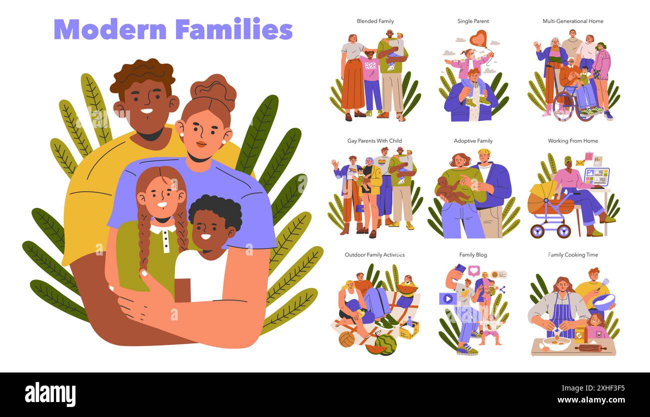 Modern Families set. Diverse family structures and home life scenarios ...
