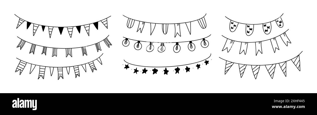 Hand-crafted doodle flags on ropes. Stick vector set. Icons presented ...