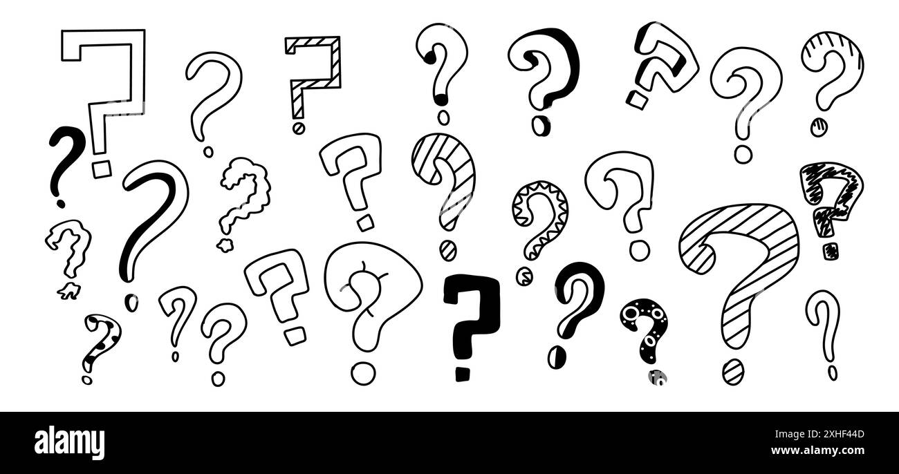 Hand-drawn question mark icons on white background. Variety of icons ...
