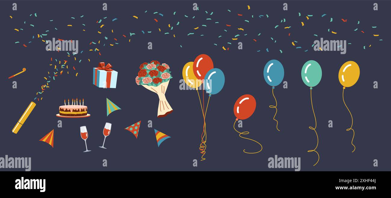 Birthday holiday decor 2D cartoon objects set. Party event. Air ...