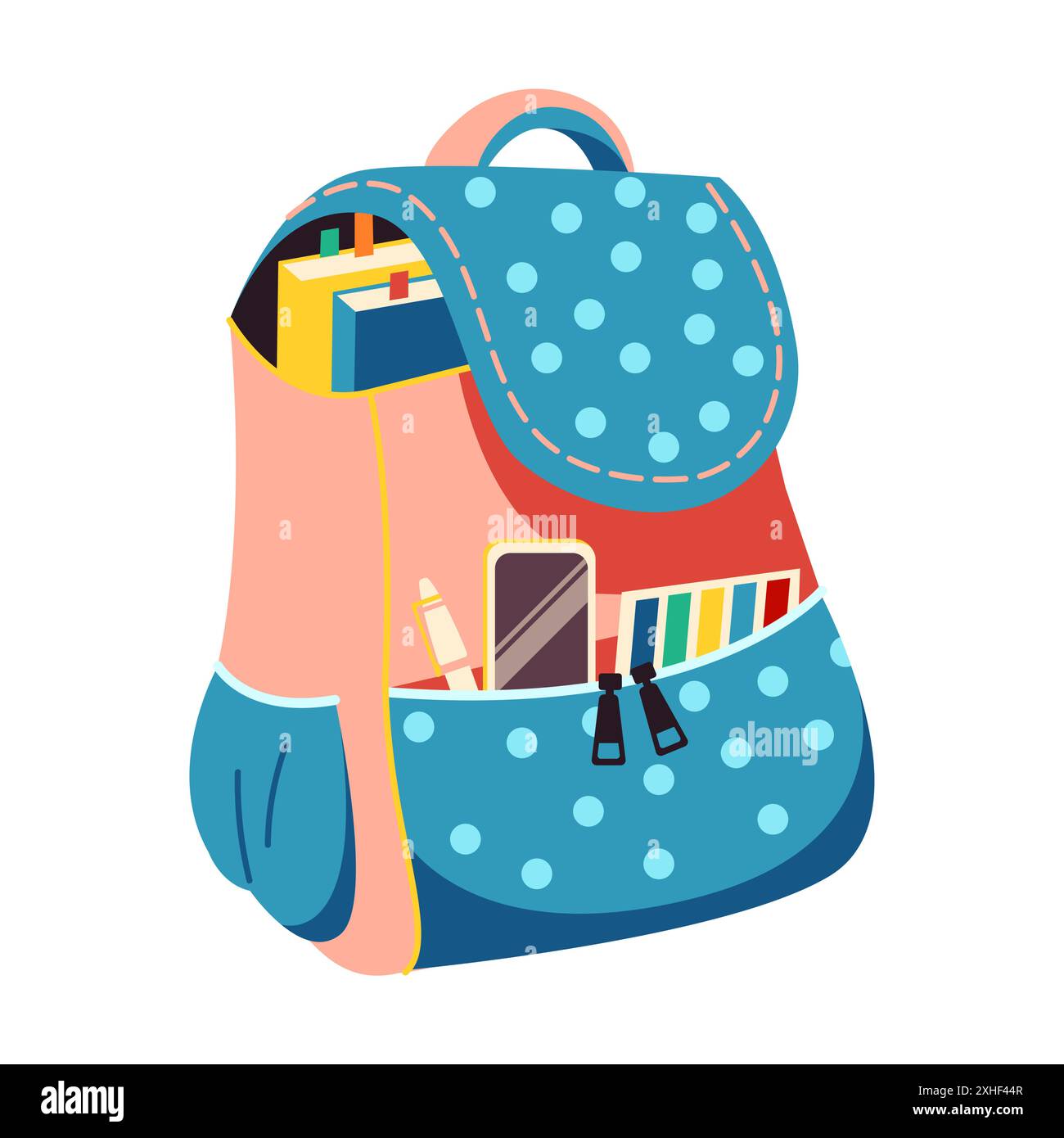 Vector cartoon polka dot schoolbag loaded with educational materials ...