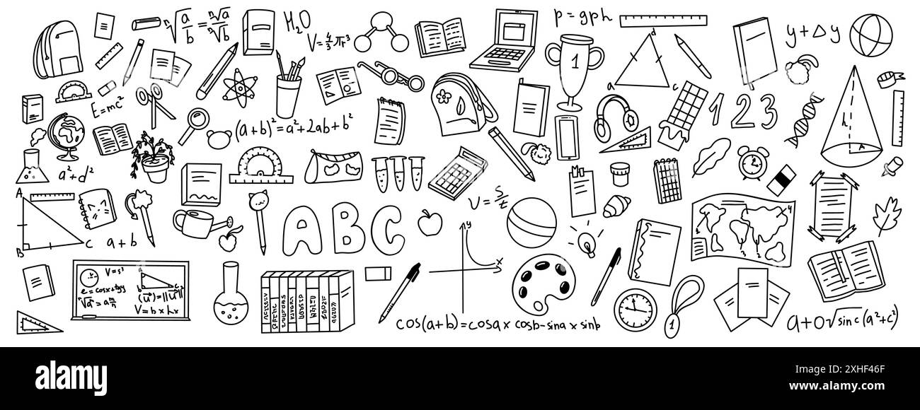 Doodle icons of school supplies set on white background. Variety of ...