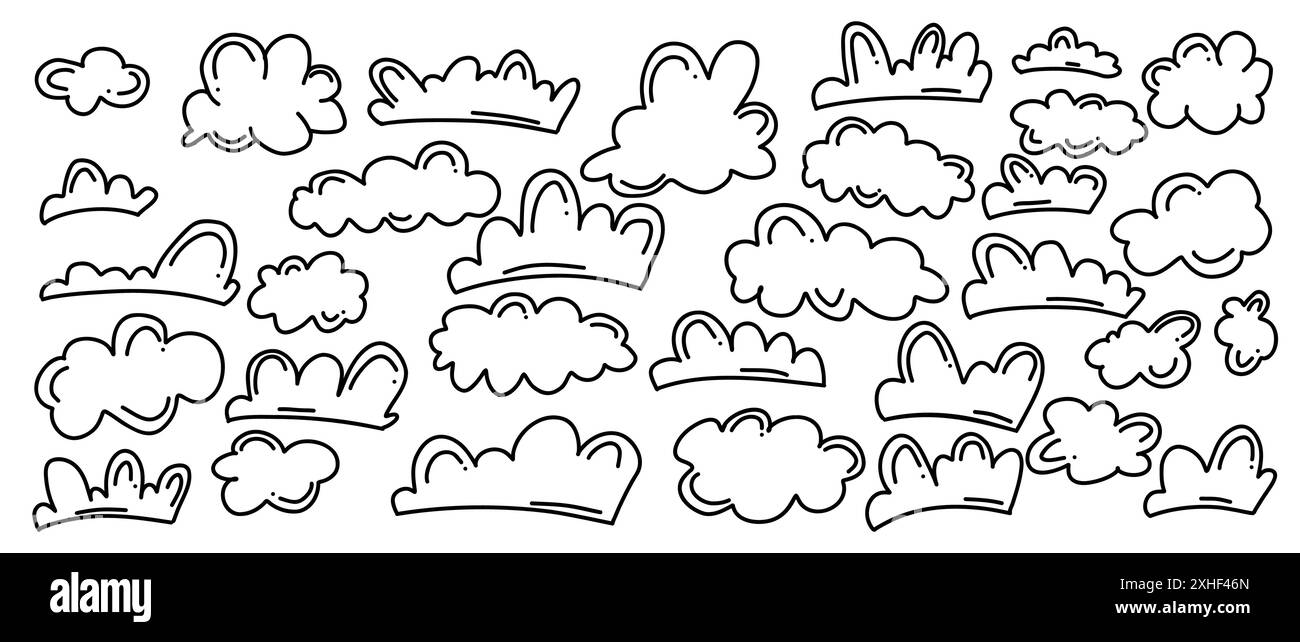 Playful cloud doodles in monochrome vector illustration pack. Essence ...