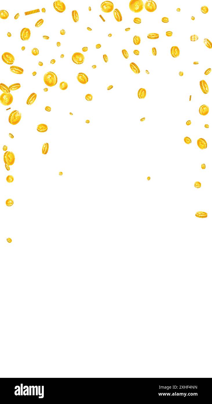 American dollar coins falling. Scattered gold USD coins. USA money ...