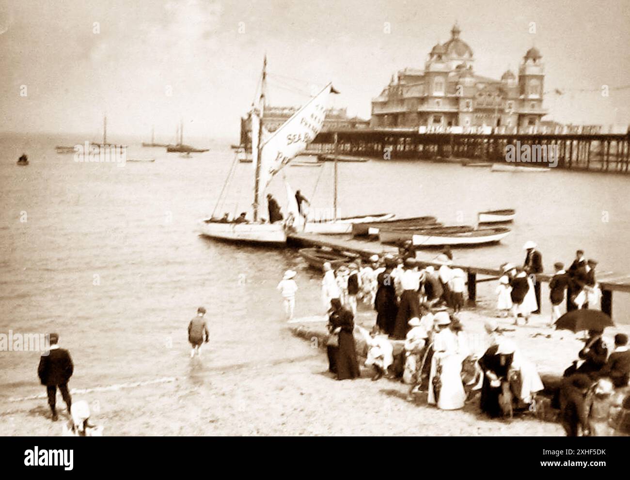 Central Pier and trip-round-the-bay sailing boat, Morecambe beach ...