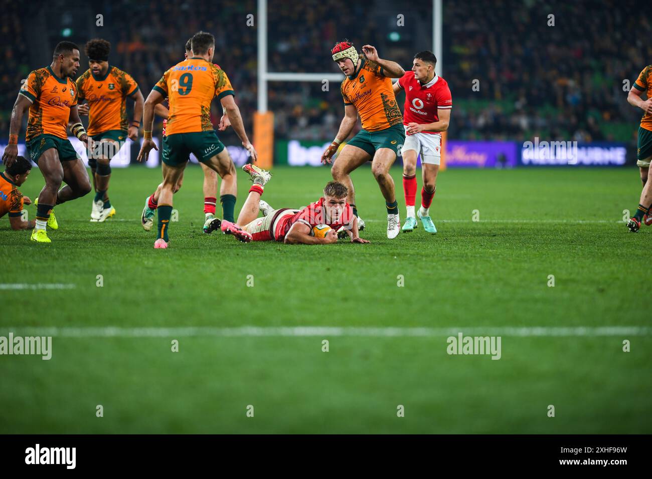 Melbourne, Australia. 13th July, 2024. Taine Plumtree (C) of Wales seen ...