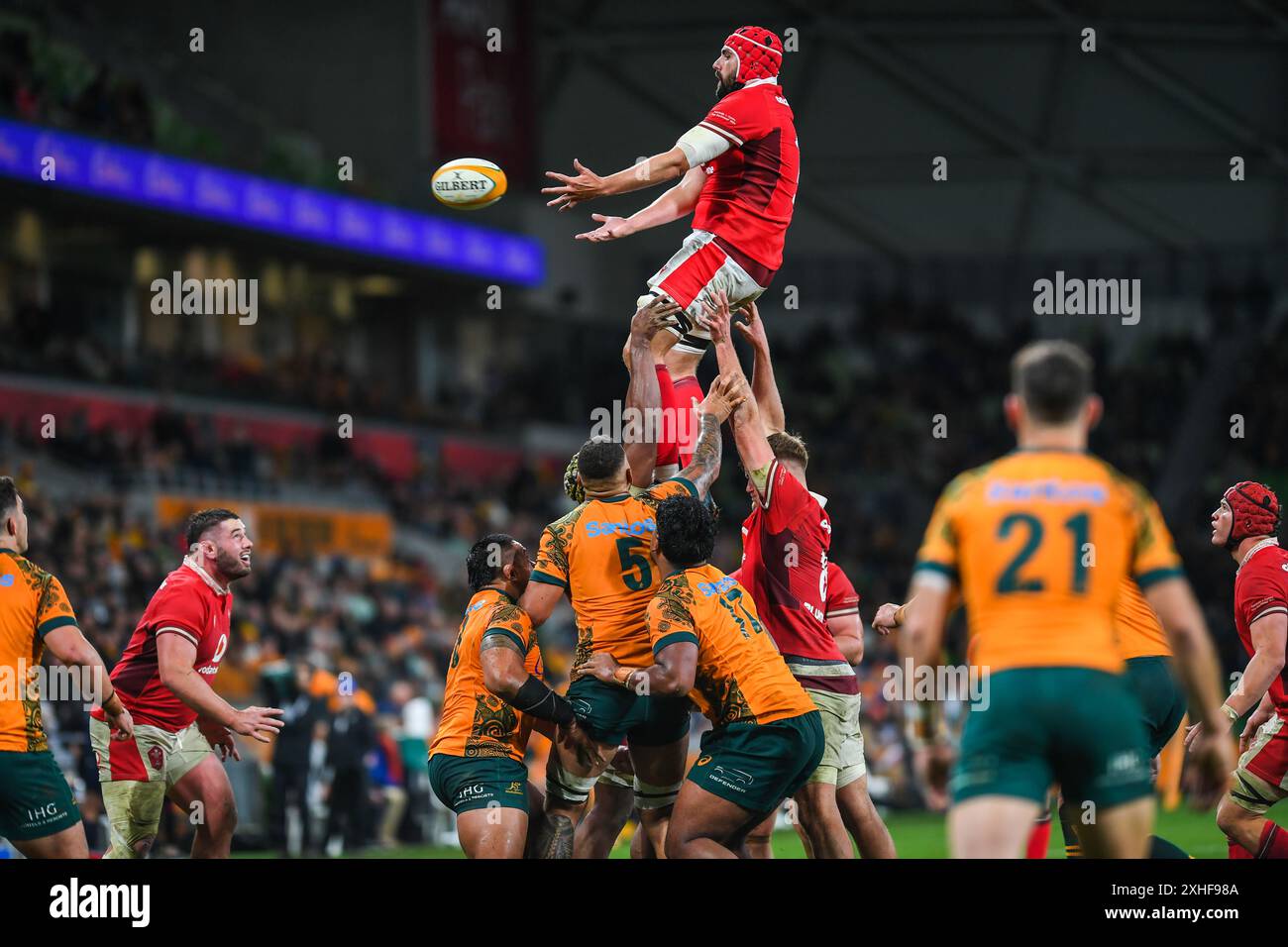 Melbourne, Australia. 13th July, 2024. Cory Hill (C) of Wales seen in ...