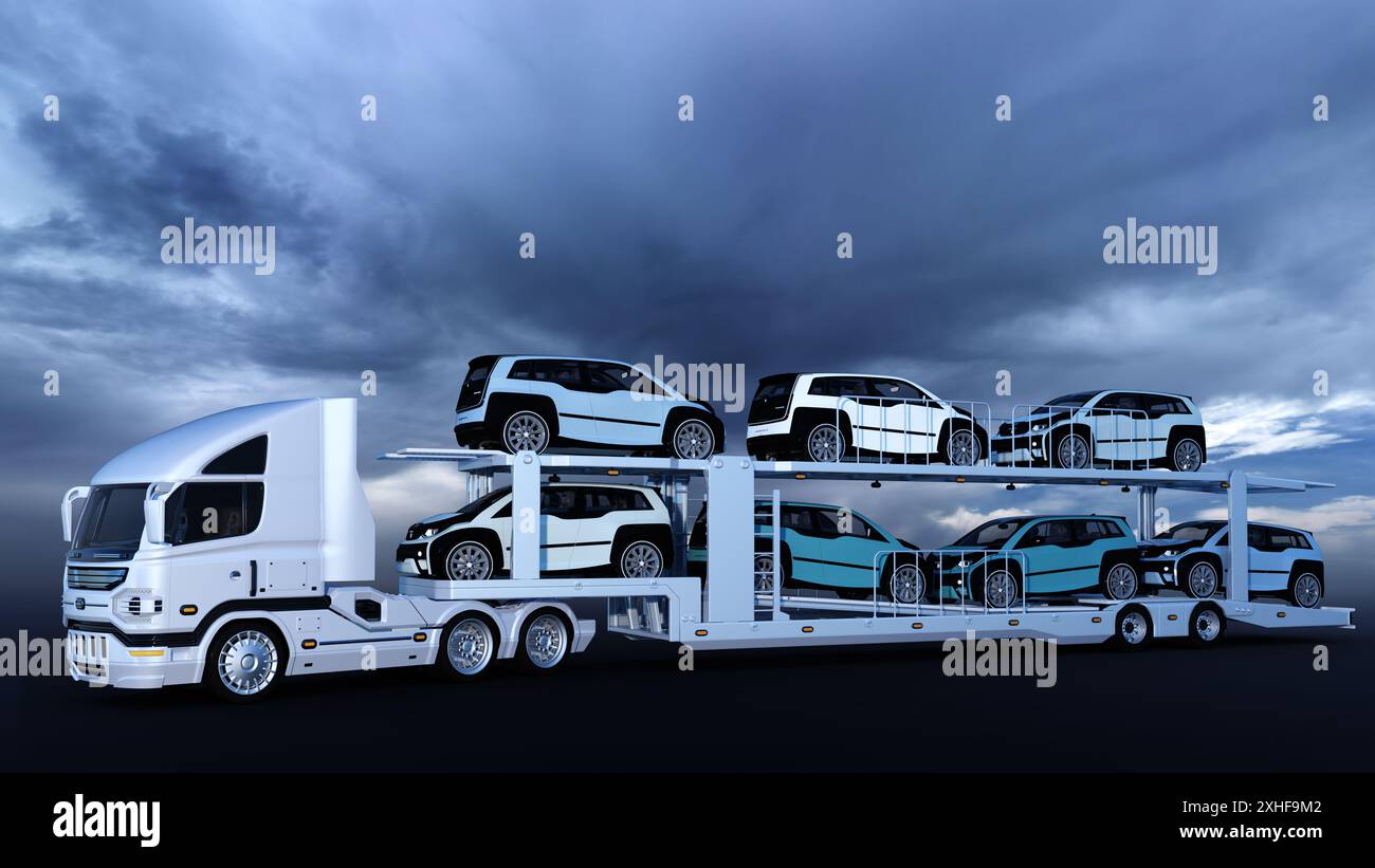 A car transporter loaded with seven small electric cars under a dynamic ...