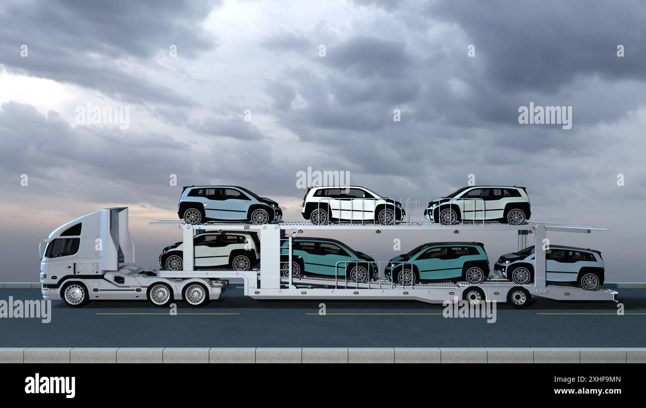 A car transporter loaded with seven small electric cars under a dynamic ...