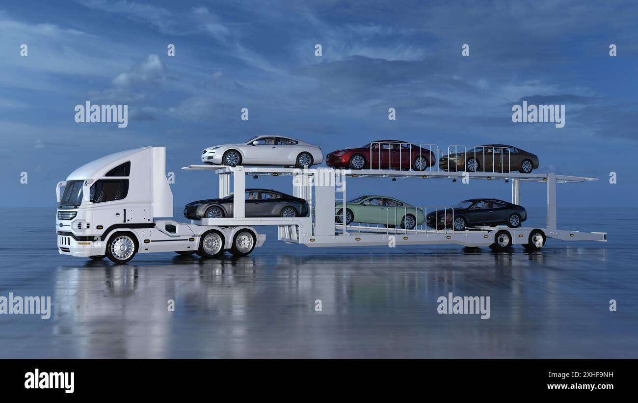 A car transporter loaded with six mid-range cars with electric drive ...
