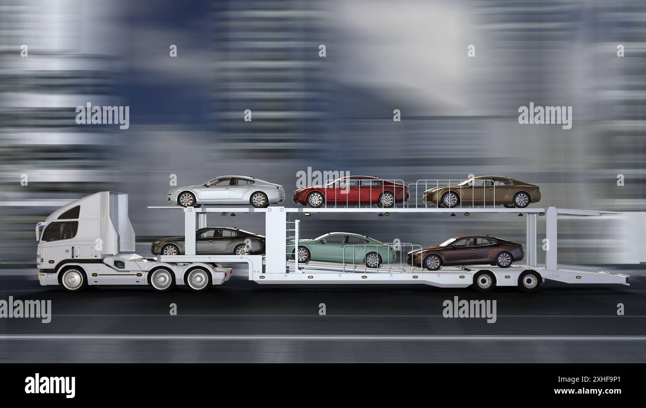 A car transporter loaded with six mid-range cars with electric drive is ...