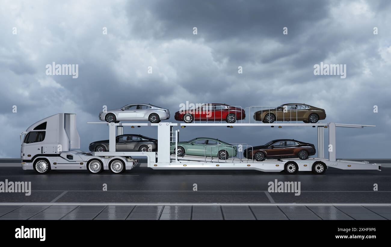 A car transporter loaded with six mid-range cars with electric drive ...