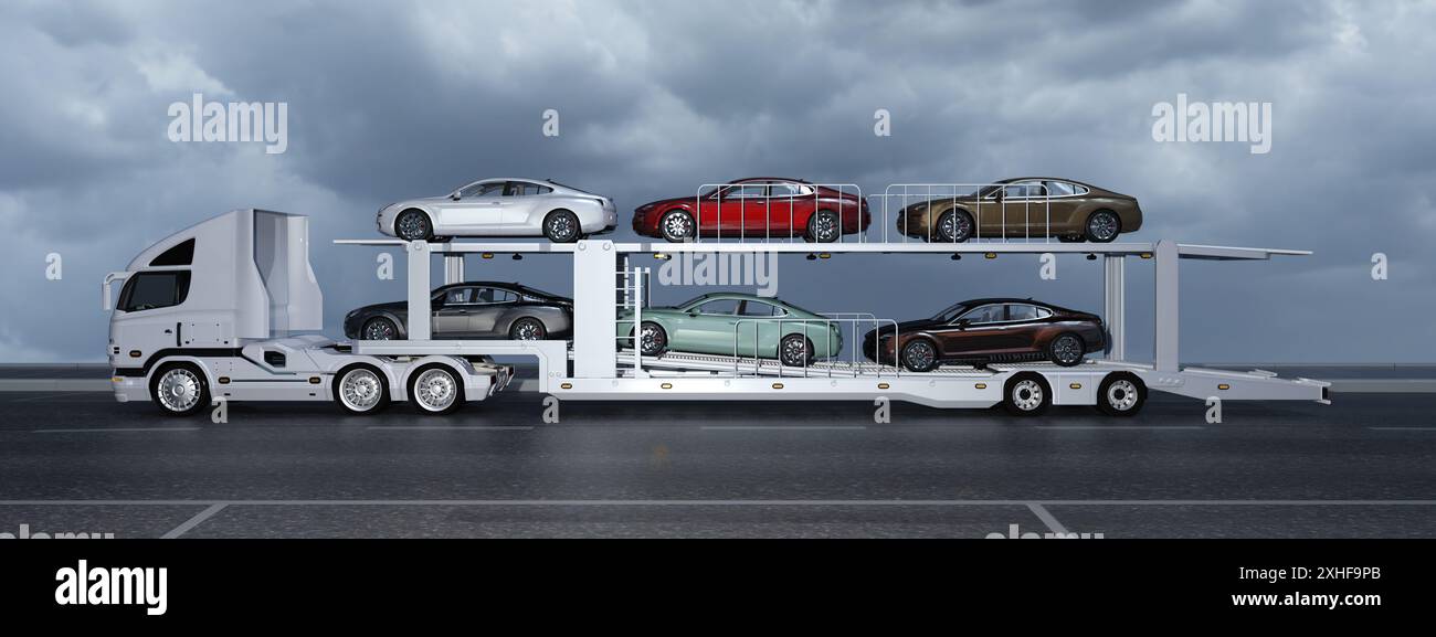 A car transporter loaded with six mid-range cars with electric drive ...