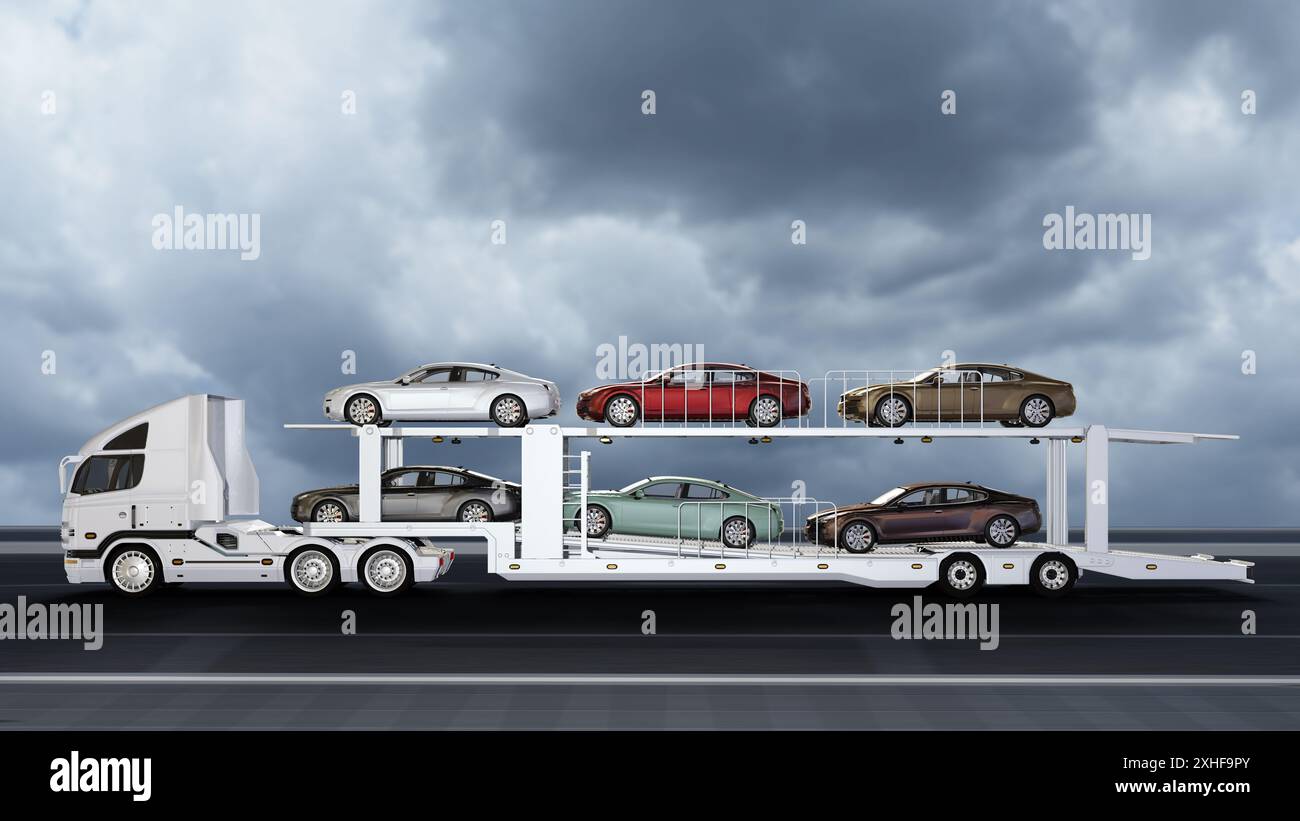 A car transporter loaded with six mid-range cars with electric drive ...
