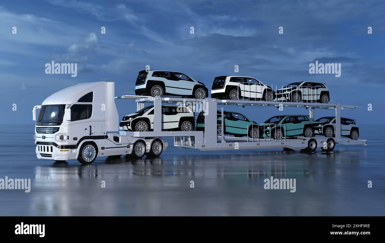A car transporter loaded with seven small electric cars under a dynamic ...
