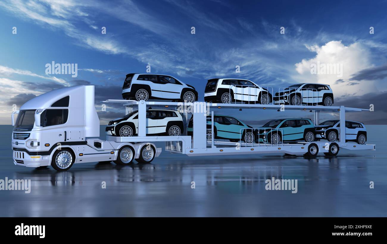 A car transporter loaded with seven small electric cars under a dynamic ...
