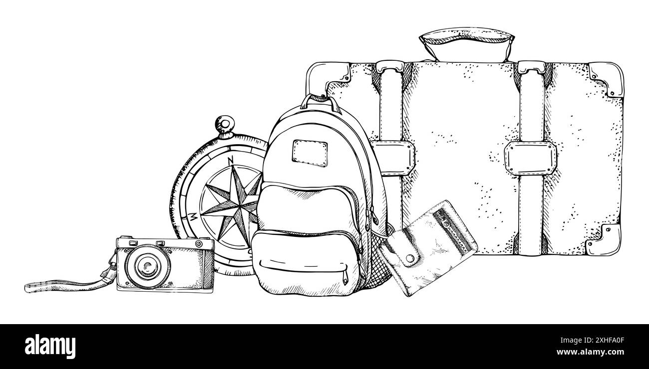 Vintage retro suitcases, backpack baggage luggage, navigation compass ...