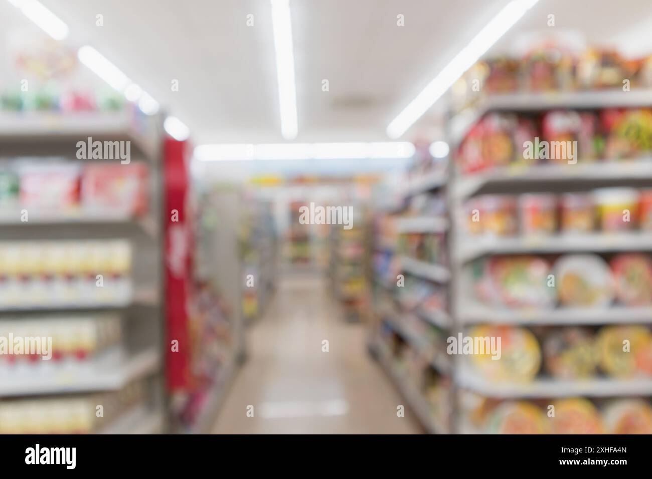 Abstract blur supermarket convenience store aisle and product shelves ...