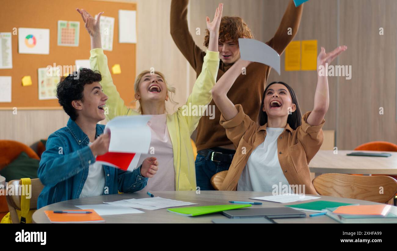 Happy smiling friends education school university finish complete ...