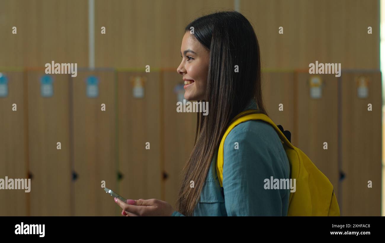 Side view happy smiling Caucasian student girl female schoolgirl woman ...