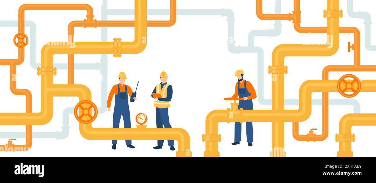 Oil gas workers. Petroleum pipeline engineers. Pipelines and pumps. Energy resources. Fuel ...