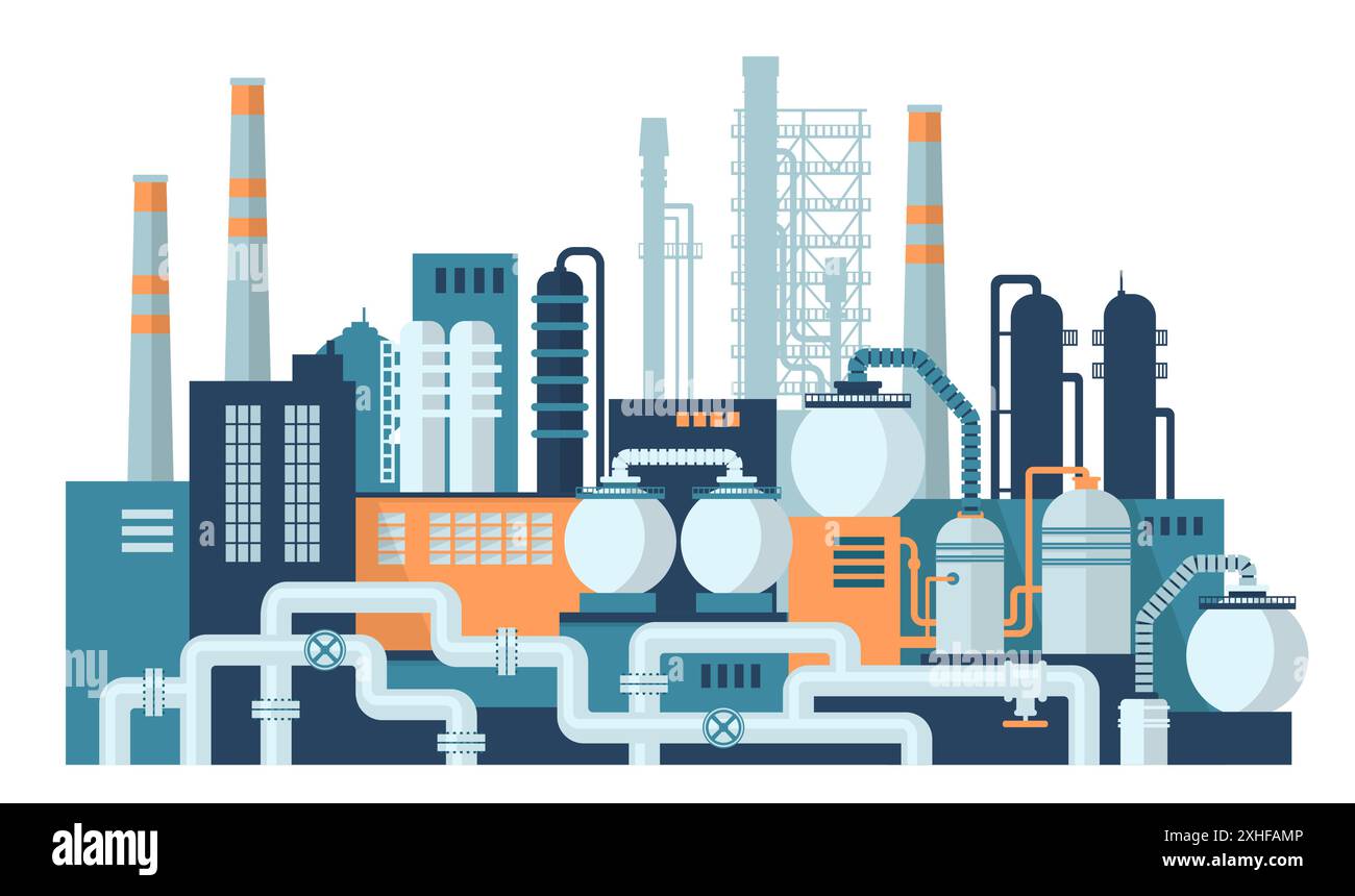 Oil gas industry. Oil refinery complex with pipes and tanks gas ...