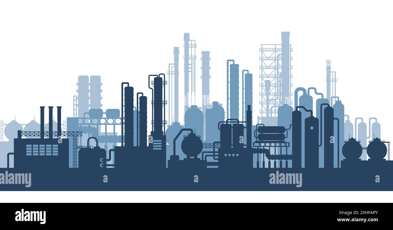 Industrial factories silhouette background. Oil refinery complex with ...