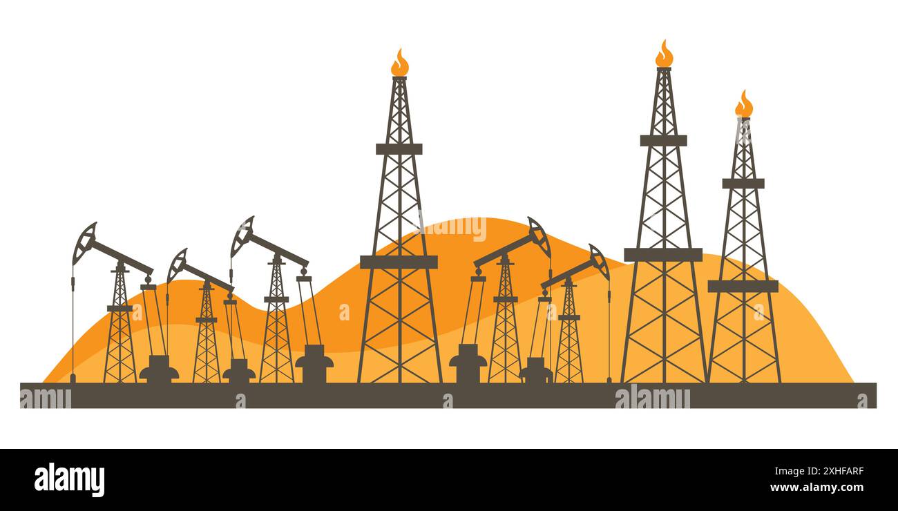 Oil fields, pumps and gas rigs. Gas production rigs landscape Stock ...