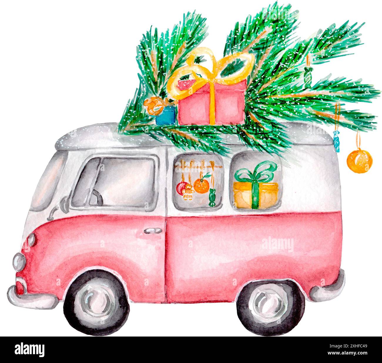 Watercolor Christmas Bus with loaded with sweets, boxes christmas tree ...