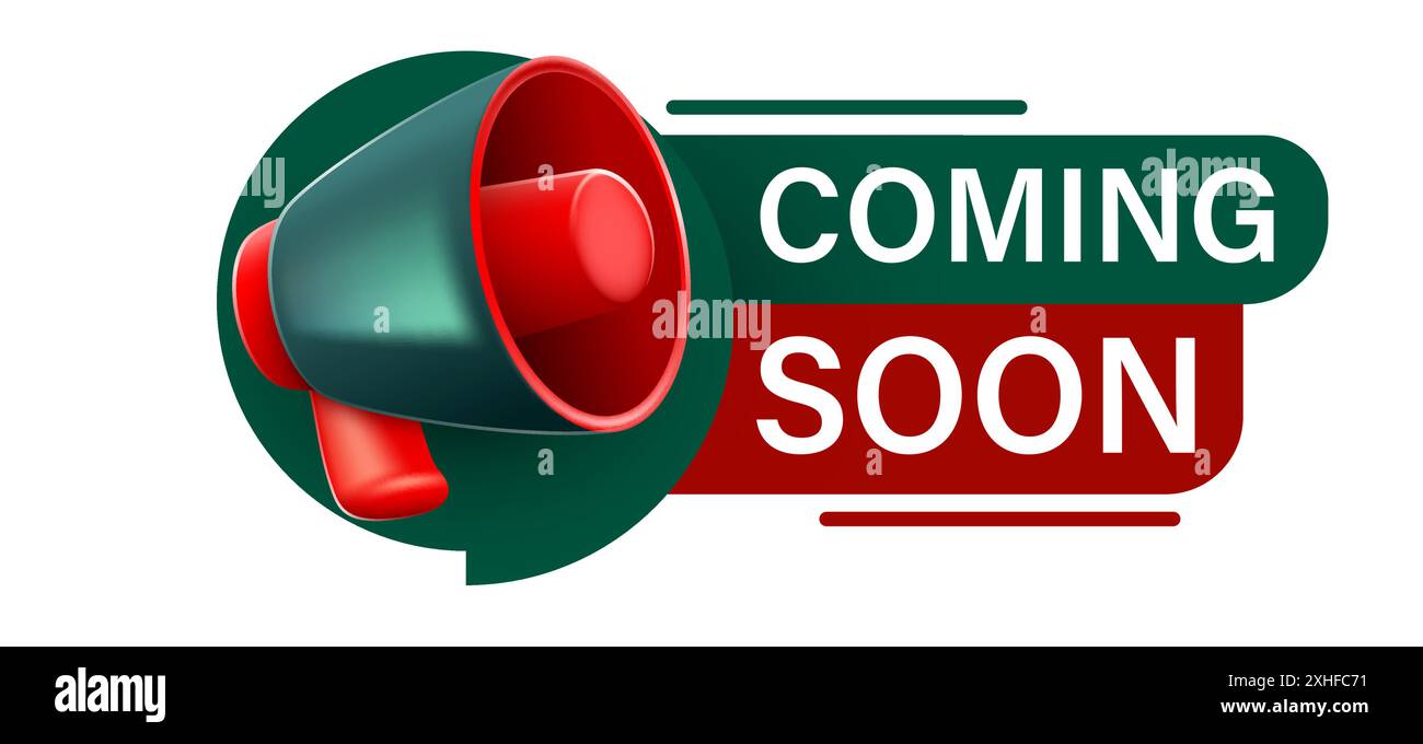 Coming soon tag. Speech bubble with megaphone. Coming soon announcement ...