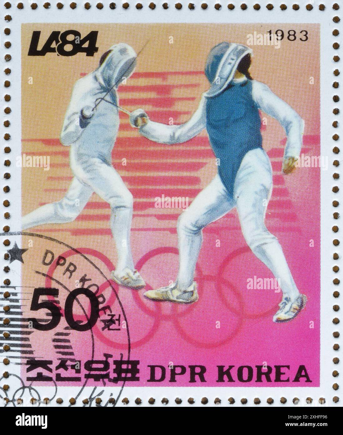 Cancelled postage stamp printed by North Korea, that shows Fencing ...
