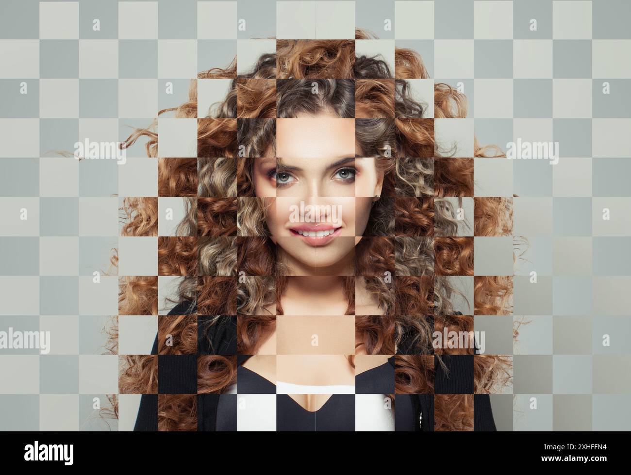 Happy two model women with long curly hair. Young adult female person ...