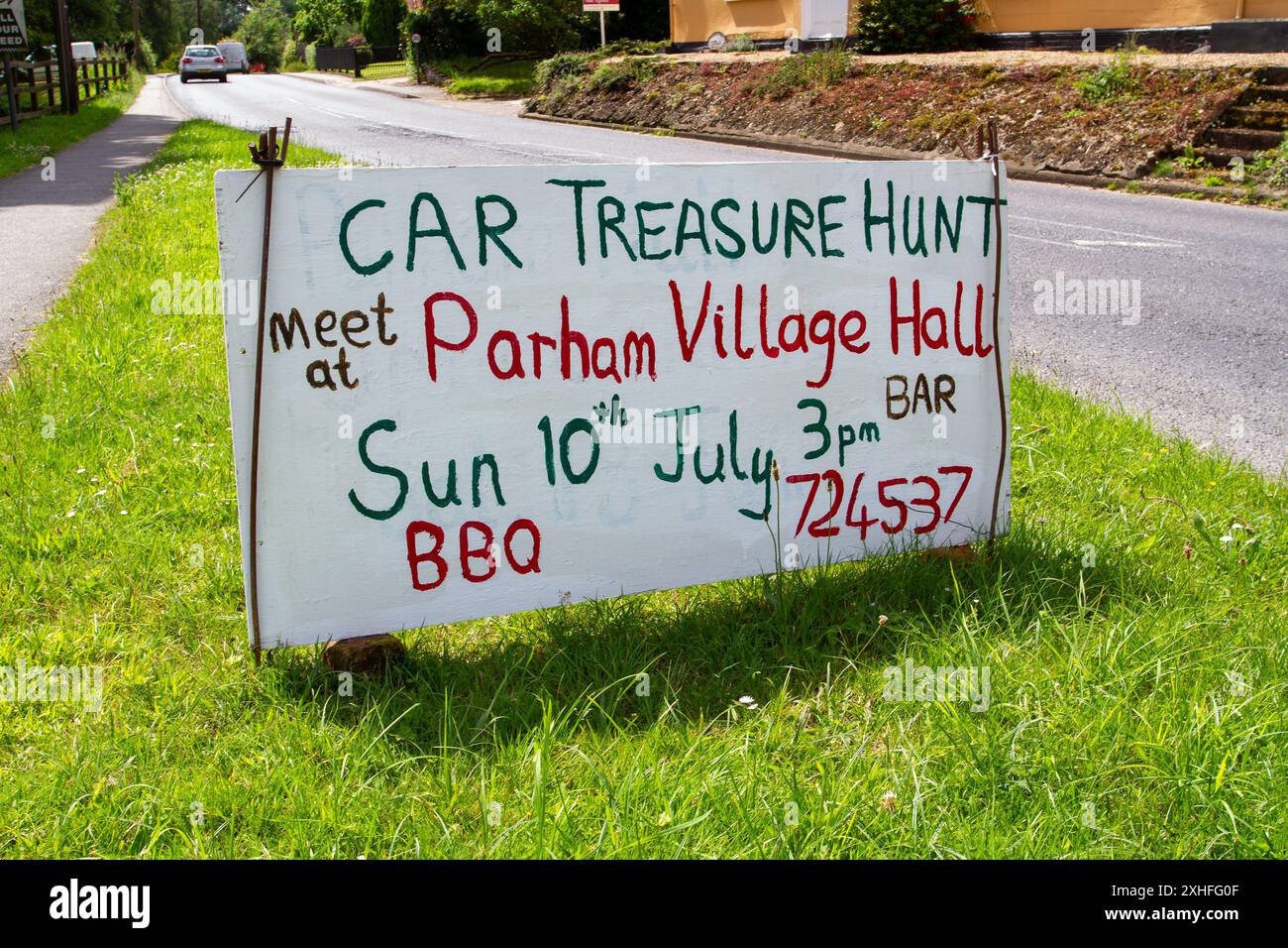 Roadside sign in Parham a Suffolk village advertising a July Sunday ...